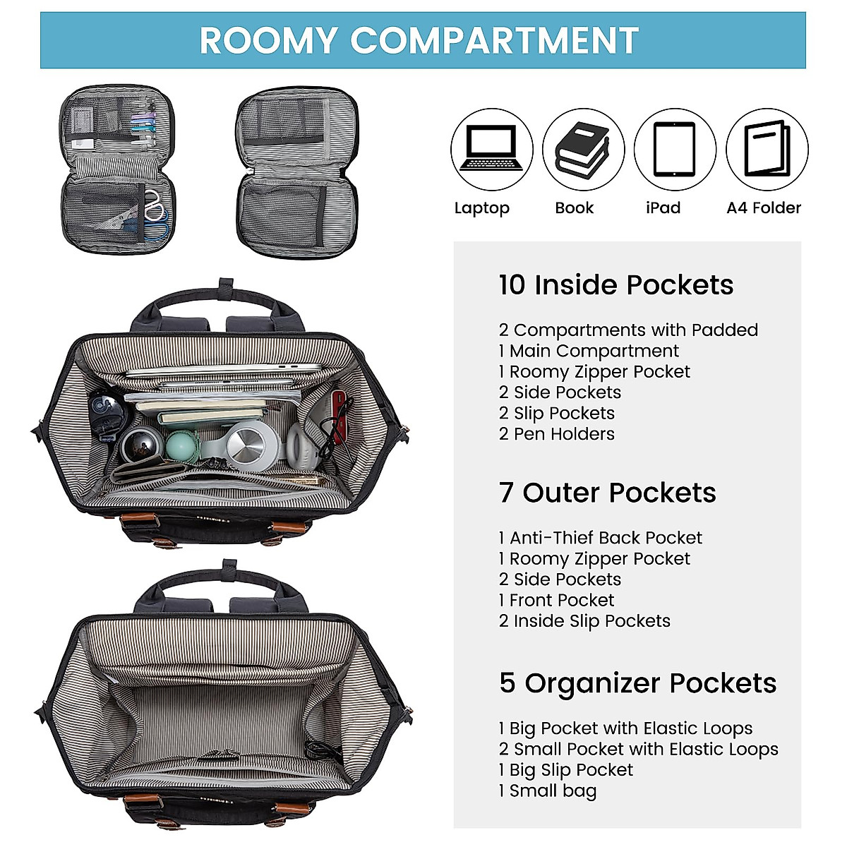 LOVEVOOK Laptop Backpack for Women, Teacher Nurse Bag Work Travel Computer Backpacks Purse,Water Resistant Daypack with USB Charging Port, 15.6 inch Black Brown