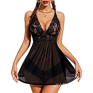 Avidlove Women V-neck Lace Babydoll Mesh Chemise Sleepwear Sexy Open Back Lingerie Black Large