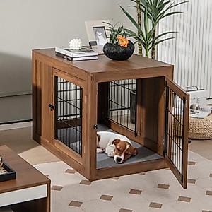 PETSITE Dog Crate Furniture with Cushion, Wooden Dog Crate End Table with Double-Doors, Dog Kennel Indoor, Pet Cage House for Small to Medium Sized Dogs
