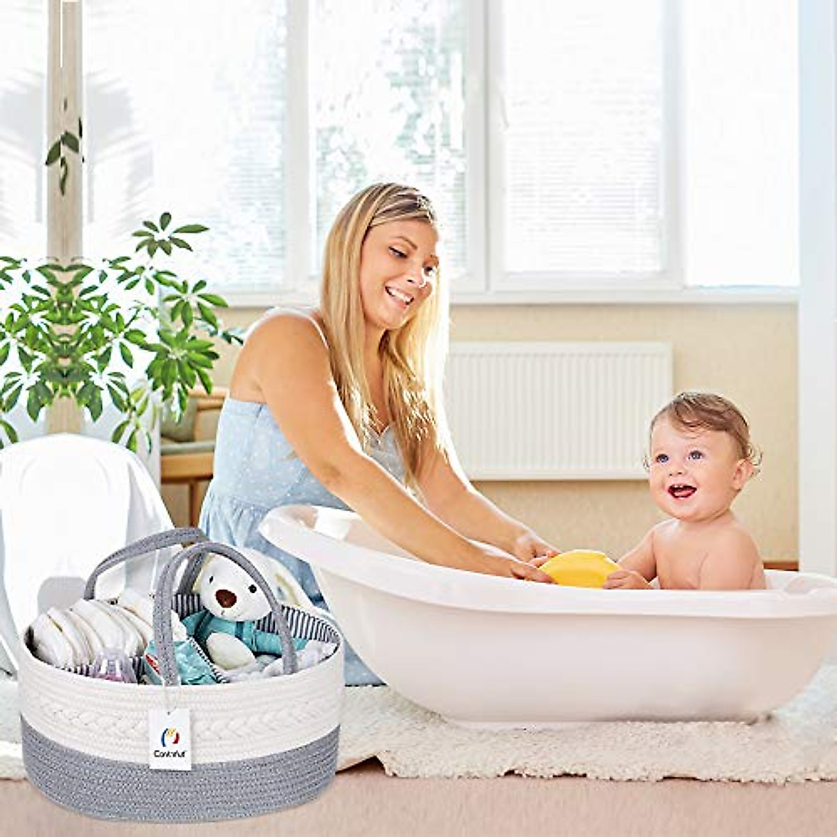 Conthfut Baby Diaper Caddy Organizer 100% Cotton Rope Nursery Storage Bin for Boys and Girls Large Tote Bag & Car Organizer with Removable Inserts Baby Shower Basket