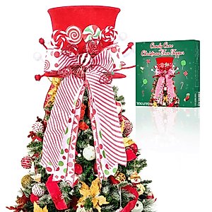 HMASYO Candy Cane Christmas Tree Topper, Large Red Tree Topper Hat with Candy Peppermint Bows Ribbon Ornament, Top Hat Christmas Tree Topper for Home Office Holiday Tree Decoration Xmas Gift