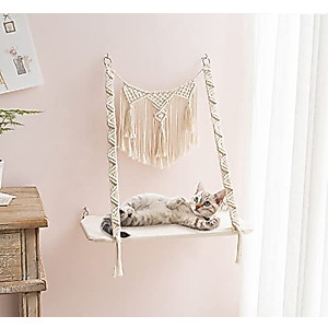 Dahey Cat Window Perch Macrame Cat Hammock Boho Wall Mounted Pet Resting Seat Bed for Indoor Cats Space Saving kitty Sunny Swing Shelf on Window Safety Holds up to 45 lbs with Screw Suction Cups, Gift