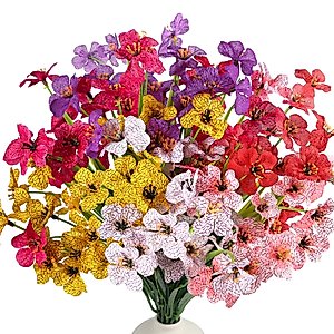 Omldggr 6 Packs Artificial Flowers Faux Violet Flowers Plastic Plant Shrubs Greenery Artificial Violet Flowers for Indoor Outside Garden Patio Porch Window Box Home Wedding Decoration