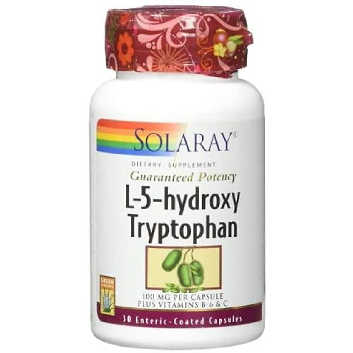 SOLARAY L-5-hydroxytryptophan (5-HTP) - 30 Enteric-Coated Capsules - 100 mg - Also Includes Vitamins B-6 & C