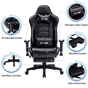 KCREAM Gaming Chair with Footrest Adults Gamer Chair High Back PU Leather Gaming Computer Chair Large Racing Game Chair, with Adjustable Armrests and Massage Lumbar Support (Black)