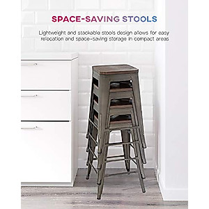 FDW 24 Inches Metal Bar Stools Set of 4 Counter Height Wood Seat Barstool Patio Stool Stackable Backless Stool Indoor Outdoor Metal Kitchen Stools Bar Chairs (Bronze)