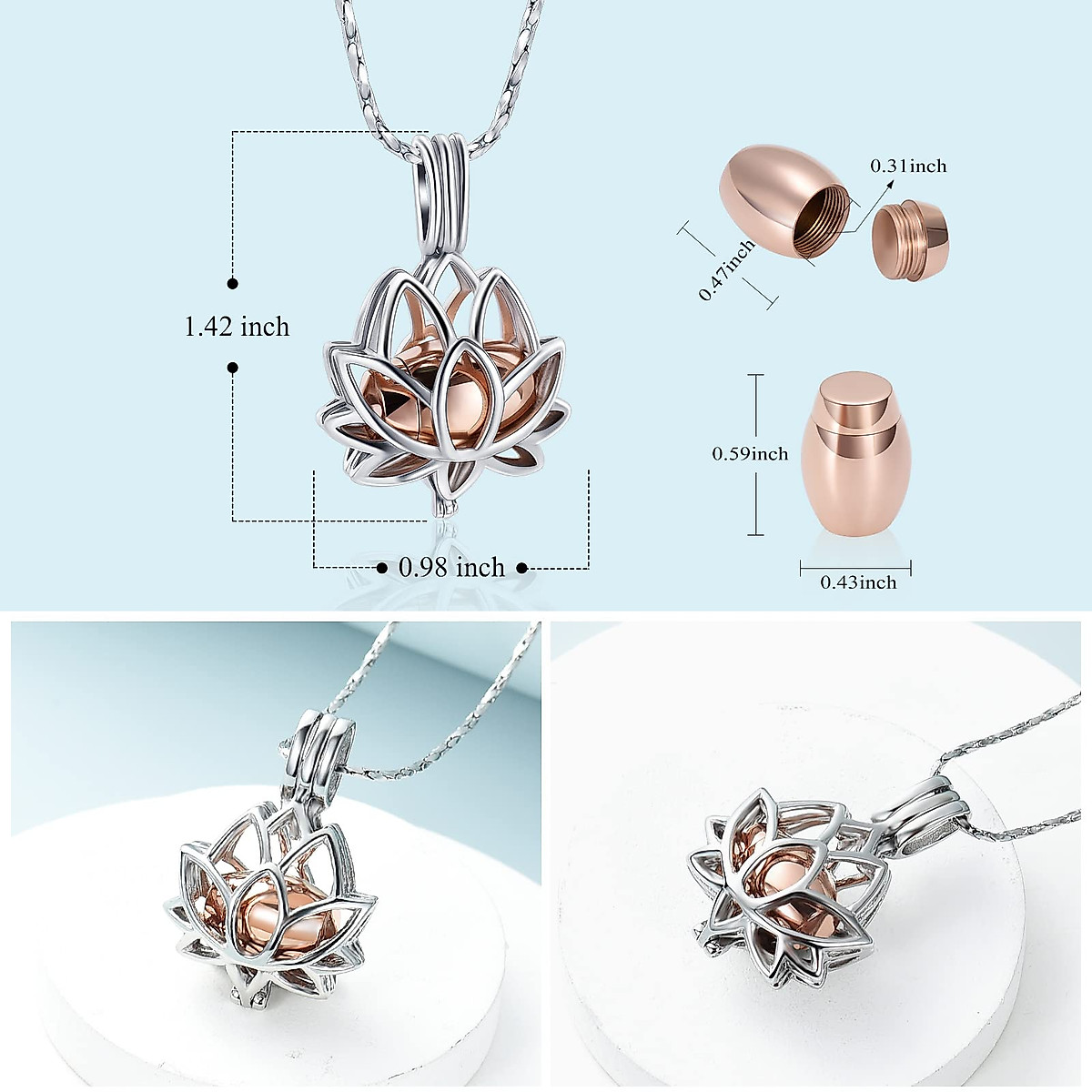 Imrsanl Cremation Jewelry for Ashes - Lotus Flower Ashes Pendant Necklace with Mini Keepsake Urn Memorial Ash Jewelry (Rose Gold)