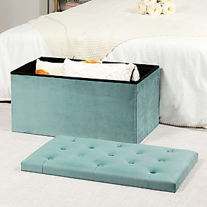 B FSOBEIIALEO Folding Storage Ottoman, Long Ottomans Shoes Bench, Velvet Storage Chest Footrest Seat 31.5"x15.7"x15.7" (Teal, Large)