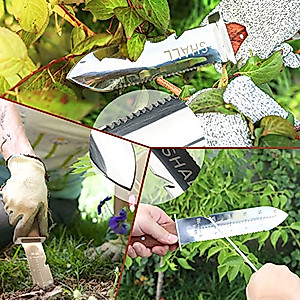 SHALL Hori Hori Garden Knife, Rosewood Handle Gardening Tool with Leather Sheath & Hide Rope, 7” Stainless Steel Blade with Cutting Edge for Rope, Full-Tang, for Digging, Weeding, Planting