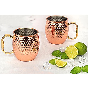 Moscow Mule Mugs | Thumb Rest Gold Brass Handles | Large Size 19 ounces | Set of 4 Hammered Cups | Stainless Steel Lining | Pure Copper Plating | Gift Set