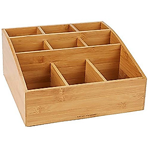 Mind Reader Coffee Condiment and Accessories Caddy Organizer with 9 Organizing Compartments, Bamboo Brown