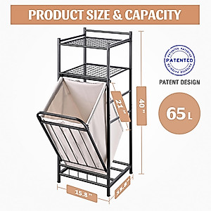 PLKOW Tilt Out Laundry Hamper with Shelf, Laundry Basket Laundry Hamper Cabinet with Removable Liner Bag, 65 Liter, 15.8L x 15.8W x 40H Inch