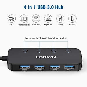 USB Splitter for Laptop LOBKIN 4-Port USB Hub 3.0 with Separate ON Off Swich Slim Multiple Port Expander for Keyboard and Mouse Flash Drive Mobile HDD PC Mac