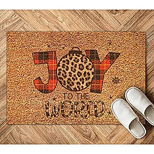 Joy to The World Coir Door Mat Merry and Bright Rug Buffalo Plaid Leopard Christmas Funny Thick Durable Non Slip Mat for Indoor Outdoor Porch Home Entryway 24x36in