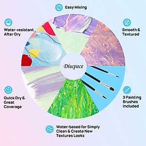 Discpace Pastel Acrylic Paints, Set of 24 Macaron Colors 2oz/59ml with 3 Painting Brushes, Art Craft Paint for Beginners/Kids/Rock Painting/Canvas/Wood/Glass/Ceramic/Stone Painting Supplies Kit