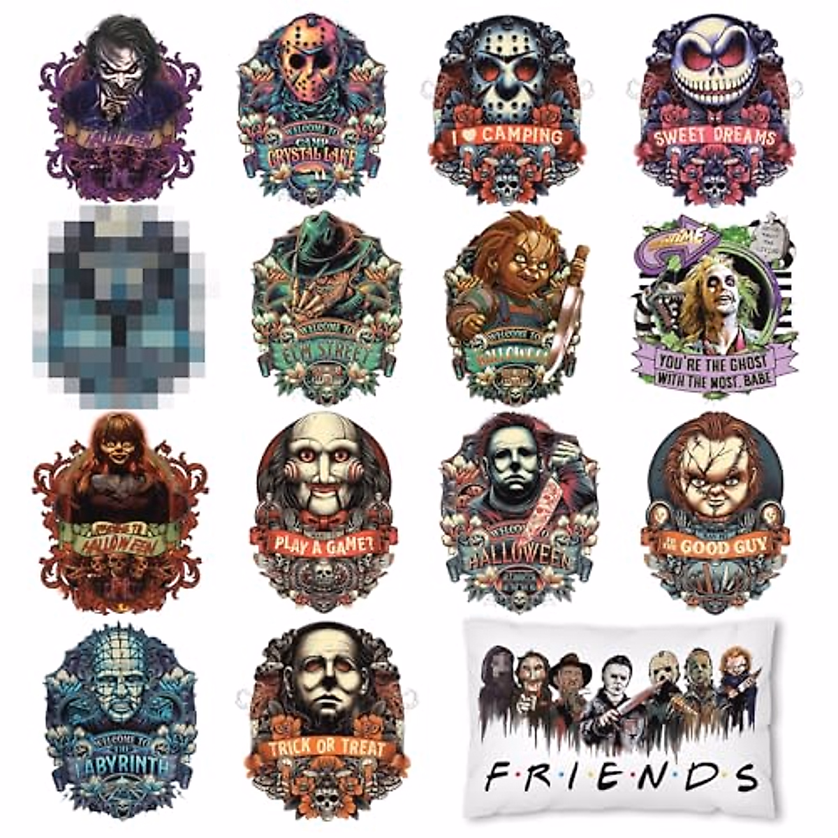 AnyDesign 15 Sheet Halloween Heat Transfer Vinyl Stickers Horror Movie Characters Iron on Vinyl HTV Patches Halloween Friends Iron on Transfer Stickers for Scary Movie Lovers Fabric T-Shirts DIY Craft