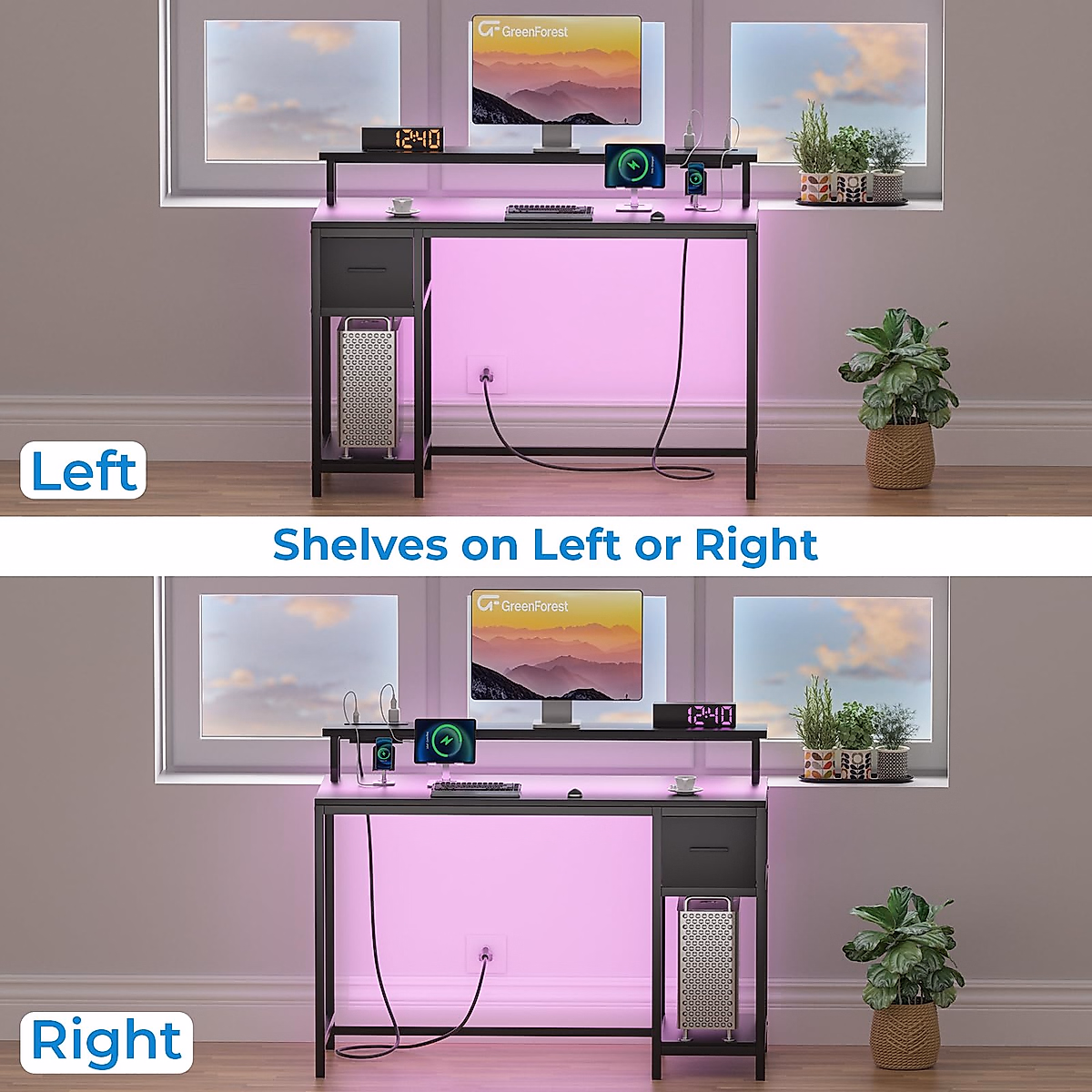 GreenForest Gaming Desk 47 Inch with LED Lights and Monitor Stand, Computer Desk with Drawer for Small Spaces, Office Desk with Power Outlets and Shelf, Black