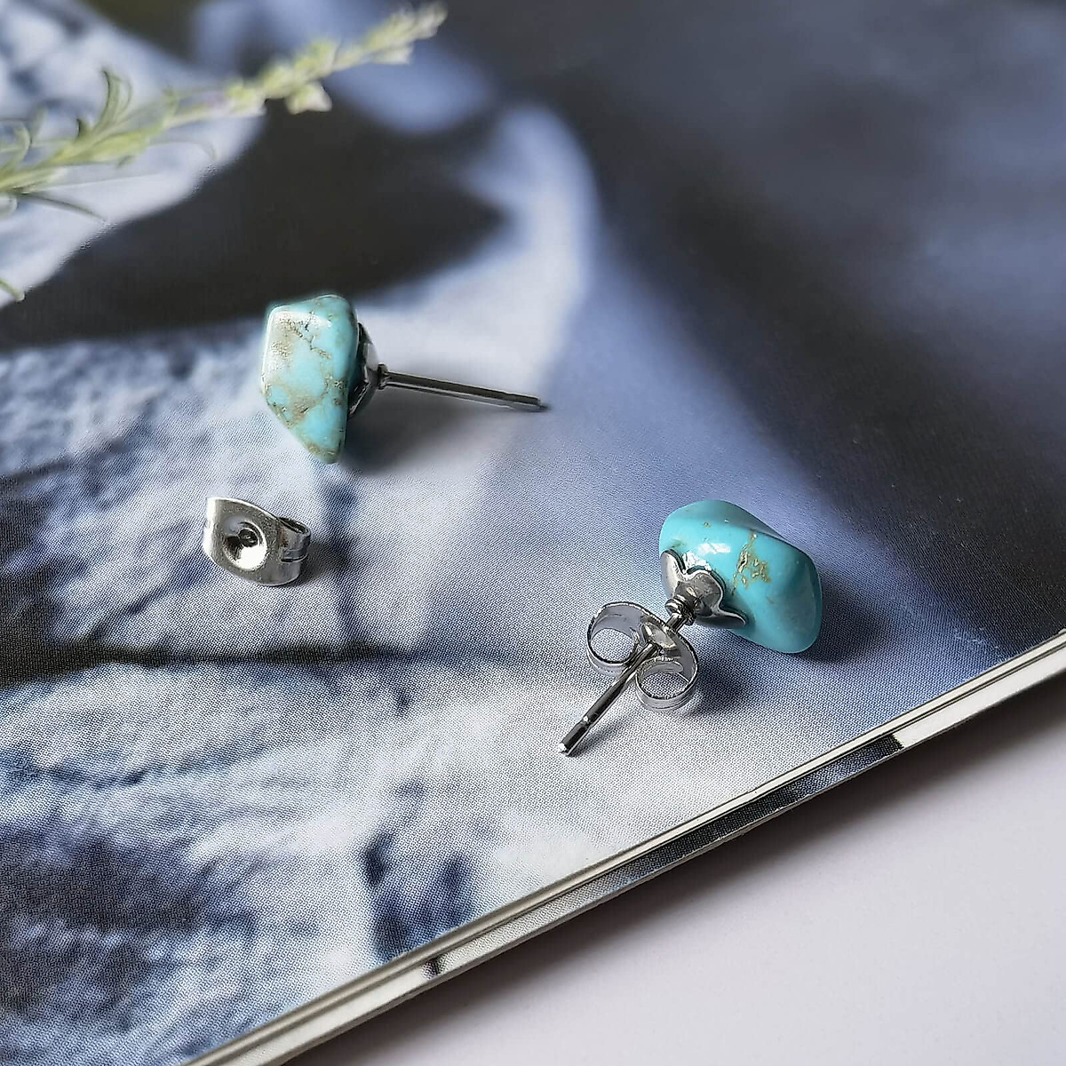 Turquoise Stud Earrings for Women, Tibetan Tiny Blue Raw Gemstone Earrings with Stainless Steel Stud for Friends, Boho Western Turquoise Jewelry Hypoallergenic Earrings for Women Sensitive Ears