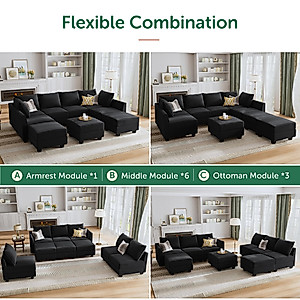 HONBAY Modular Sectional Sofa Set Oversized U Shaped Couch with Storage Ottoman Convertible Sleeper Sectional Sofa Velvet Modular Couch with Wide Chaise, Black