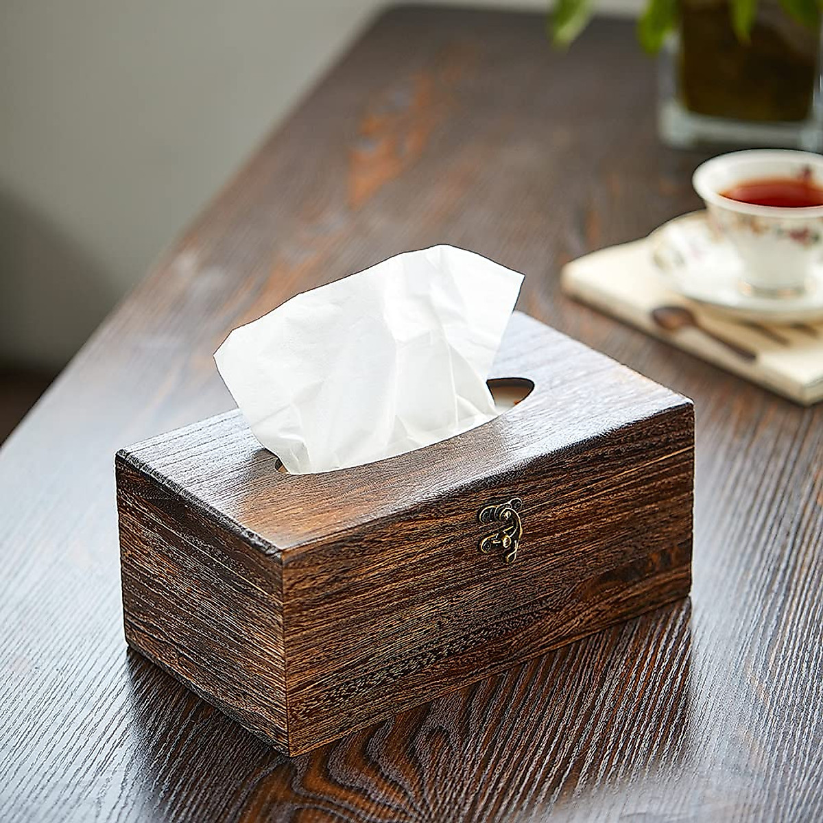 SINOBEST Rectangular Tissue Box Cover Decorative Wood Facial Tissue Holder with Hinged Lid Napkin Dispenser in Antique Style