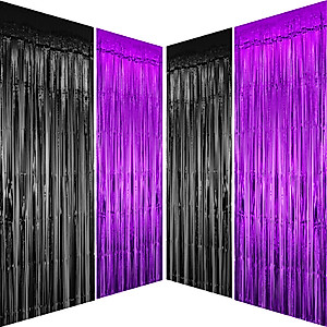 Black Purple Metallic Tinsel Foil Fringe Curtain - Video Game Birthday Baby Shower Graduation Halloween Retirement Bachelorette Wedding Anniversary Carnival Party Photo Booth Backdrop Decoration, 4pc
