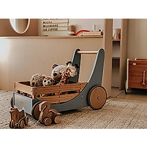 Kinderfeets 2-in-1 Wooden Cargo Walker Cart Wagon with Adjustable Rubber Wheels and Removable Basket for Children and Toddlers (Blue)