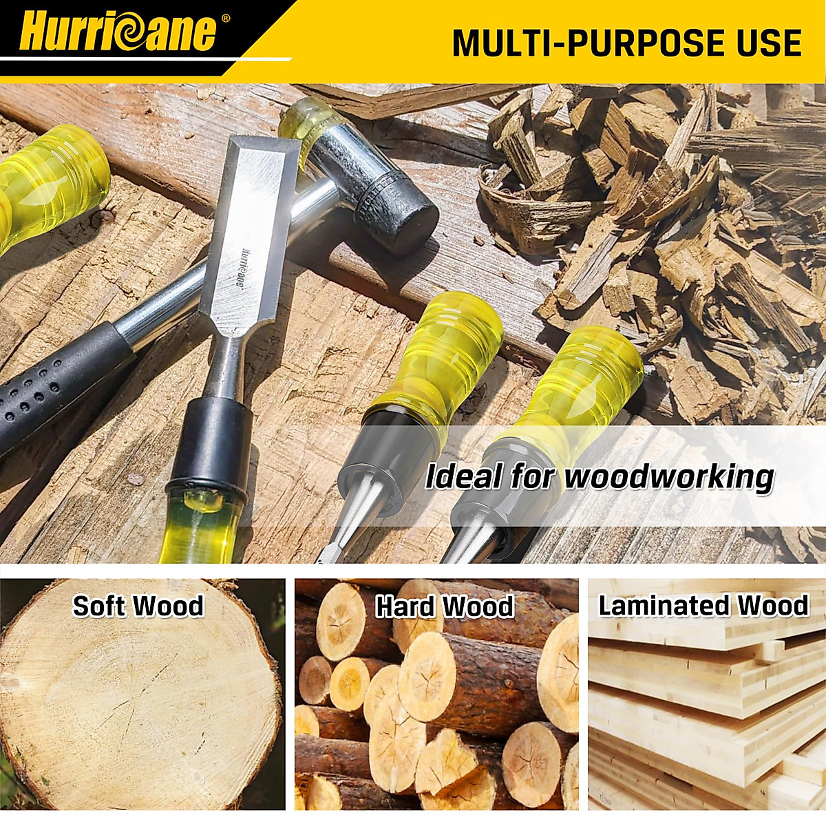 Hurricane 4 Piece Wood Chisel Set for Woodworking, CR-V Steel Beveled Edge Blade, Durable PVC High Impact Handle Wood Chisel