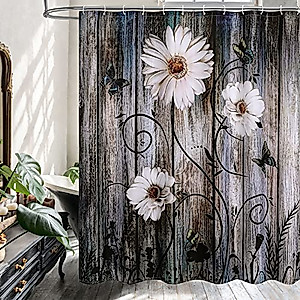 MitoVilla Rustic Daisy Shower Curtain Set with Hooks, Butterfly Plant Floral Fabric Cloth Shower Curtains for Chic Vintage Bathroom Decor, Durable Polyester, Farm Style, 72x72