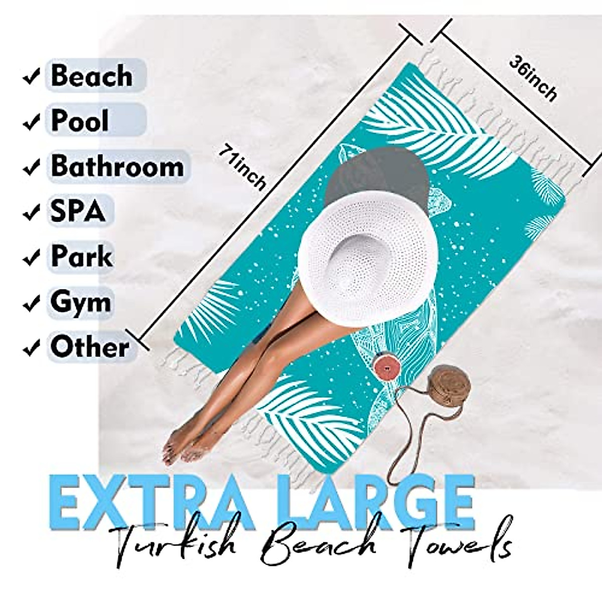 ORTIGIA Turtle Turkish Beach Towel Oversized 36x71INCH Sand Free Quick Dry Towel Extra Large Wearable Bath Towel Highly Absorbent Light Travel Towel for Beach, Bath, Pool, Gym, Yoga(Teal)