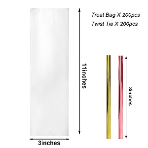 Morepack Cellophane Treat Bags,200 Pcs 3x11 Inches Clear Pretzel Bags,Cello Bags with Twist Ties for Packaging Candies,Cookies