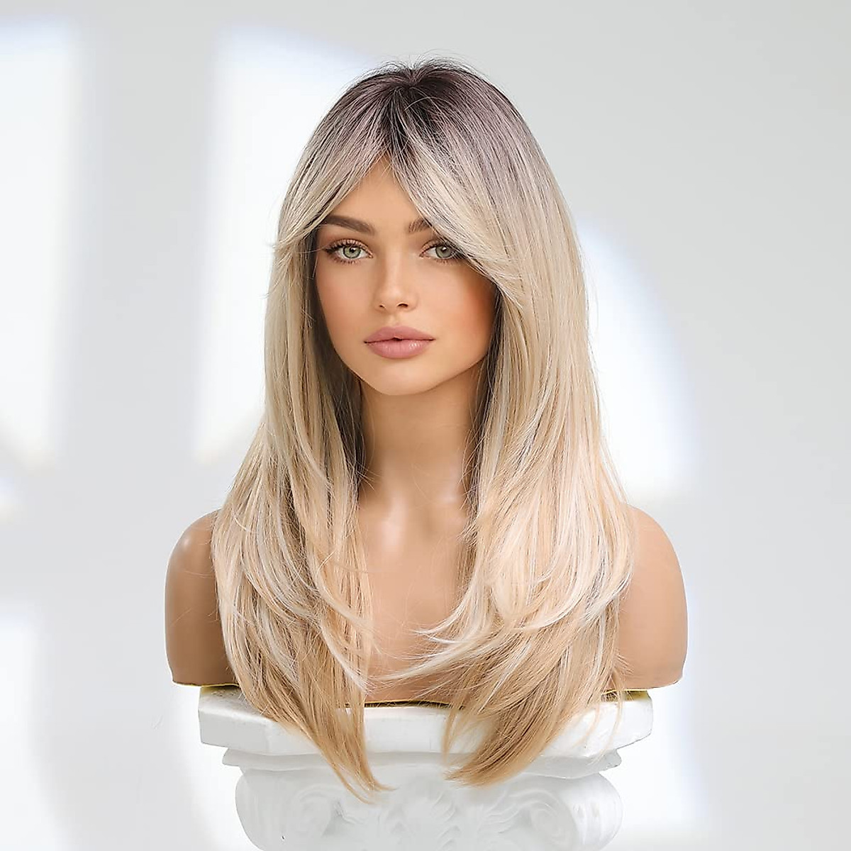 Long Blonde Wig with Bangs Layered Synthetic Hair Wig with Dark Roots for Women (22 Inch)