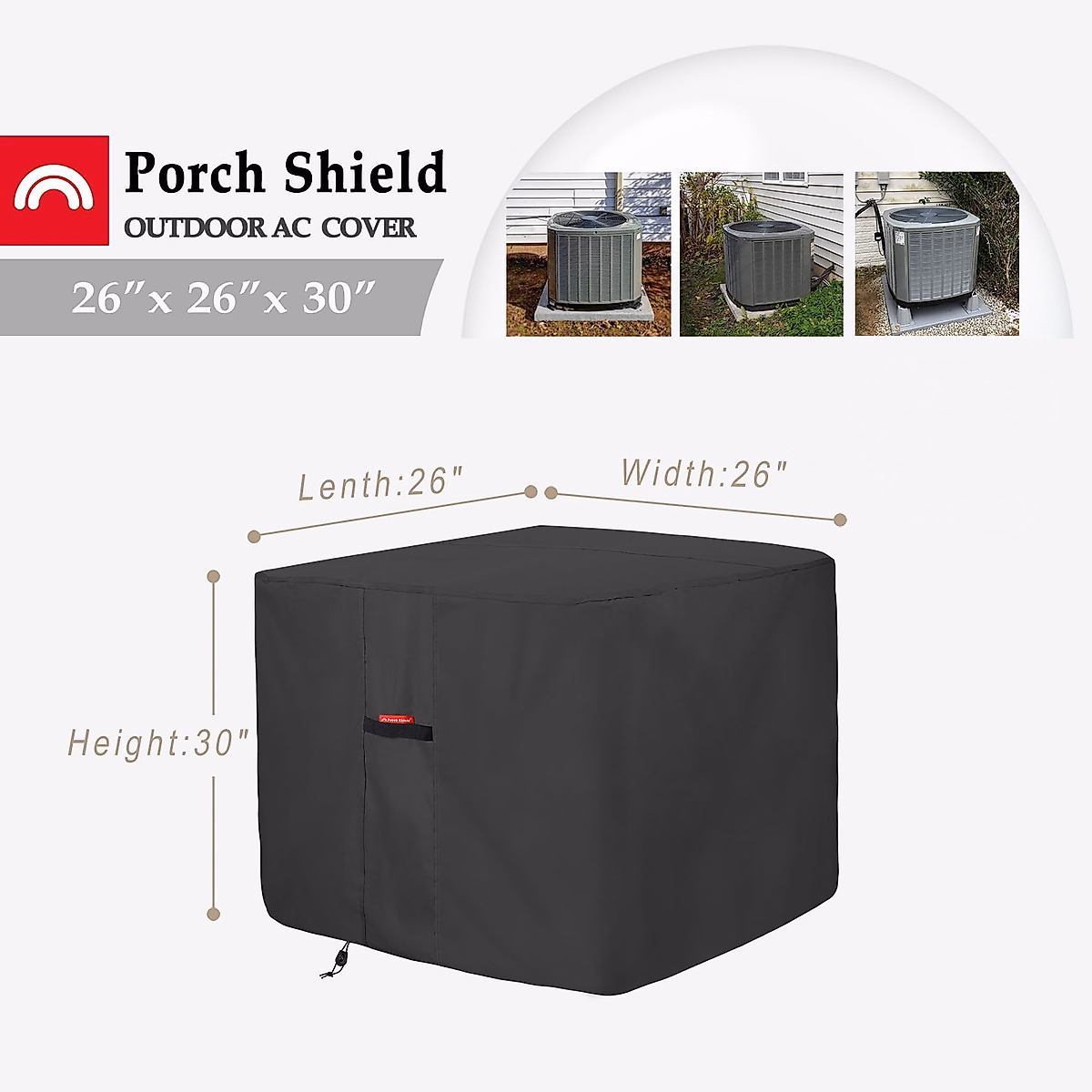 Porch Shield 600D Waterproof Air Conditioner Covers for Outside Units Square AC Cover Black - 26 x 26 x 30 inch