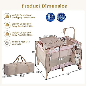 Costzon 3 in 1 Pack and Play with Bassinet, Portable Baby Playard with Changing Table, Bassinet, Music Box, Whirling Toys, Wheels/Brake, Large Basket, Bag, Foldable Travel Crib for Indoor Outdoor
