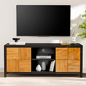 Bme Solid Wood Fluted TV Stand, Fully Assembled TV Media Console, Craft to Last Entertainment Center with Soft Close Door & Adjustable Storage Space, Spacious & Unique Entertainment Stand