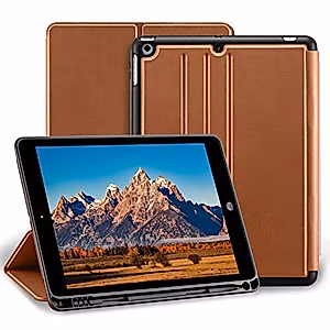 Case for iPad 9th / 8th / 7th Gen Case (2021/2020/2019) 10.2 Inch - Premium Leather Business Edition with Built-in Apple Pencil Holder - Auto Wake/Sleep - Orange