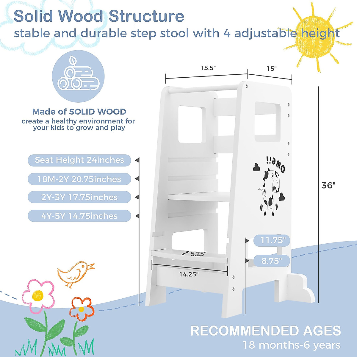 Kids Step Stool Toddler Learning Tower Solid Wood Kids Learning Stool, Kids' Standing Tower, Baby Standing Tower for Counter, Children Standing Stool - White