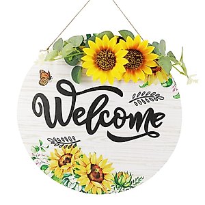 Autonomier Sunflower Welcome Sign for Front Door 12 Inch Sunflower Front Porch Decor Farmhouse Rustic Round Wooden Hanging Sign with Artificial Sunflower and Eucalyptus Leaves for Home Garden (White)