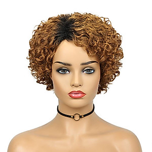 Quantum Love Human Hair Wigs Curly Wave Side Part Wig Short Bob Pixie Cut Brazilian Remy Human Hair Deep Curly None Lace Front Wigs for Women Ombre Black Brown Color