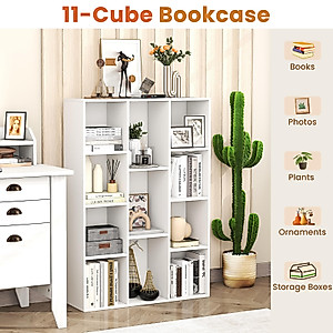 Tangkula 11-Cube Bookcase, Modern Freestanding White Geometric Bookshelf, Multifunctional Book Storage Organizer Display Cabinet with Anti-Tipping Kits for Living Room Study Office (2, White)