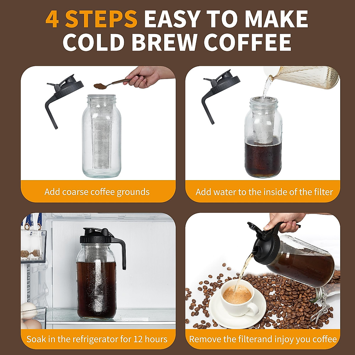 PIZVOXCold Brew Coffee Maker Pitcher, 32 oz Thick Glass Mason Jar Spout Lid with Handle & Stainless Steel Filter for Iced Brew Coffee, Ice Lemonade, Sun Tea, Fruit Drinks Container