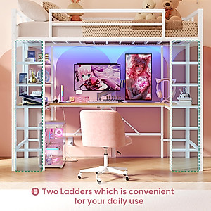 Hasuit Twin Metal Loft Bed with U-Shaped Desk, Charging Station &LED Lights, Twin LED Loft Bed with Open Storage Shelves, Safety Guardrail & Double Ladder,No Box Spring Needed, White Loft Bed