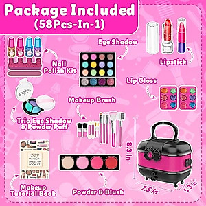 Hollyhi 58 Pcs Kids Makeup Kit for Girl, Princess Toys Real Washable Cosmetic Set with Mirror, Kids Makeup Sets for Girls, Play Make Up Birthday Gifts for 3 4 5 6 7 8 9 10 11 12 Years Old Kid (Rose)