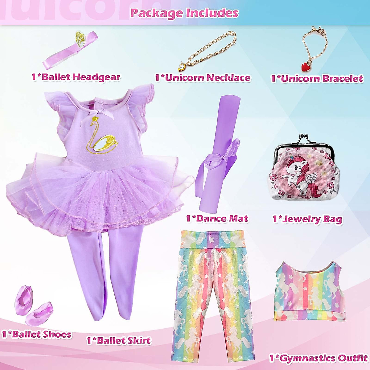 2-Sets 18-inch Doll-Clothes Accessories Ballet Dance Outfit Set with Shoes, Yoga Mat, Bracelet, Necklace, Bag-Compatible with American 18 inch Dolls -Purple