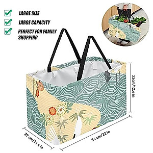 KQNZT Reusable Grocery Bags, Heavy Duty Reusable Shopping Bags, Large Tote Bags with Long Handles and Reinforced Bottom, Japanese Style Wave Crane