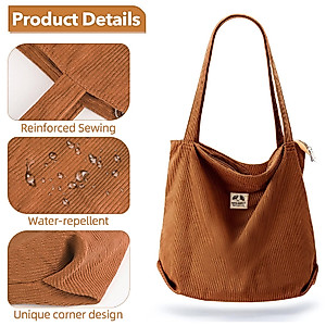 Corduroy Tote Bag for Women, Tote Bag with Zipper Large Capacity Shoulder Bag with Inner Pocket Handbag for Travel, Khaki