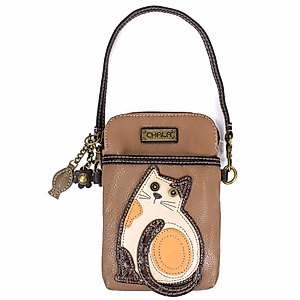 CHALA Cell Phone Crossbody Purse-Women PU Leather/Canvas Multicolor Handbag with Adjustable Strap - LaZzy Cat - brown