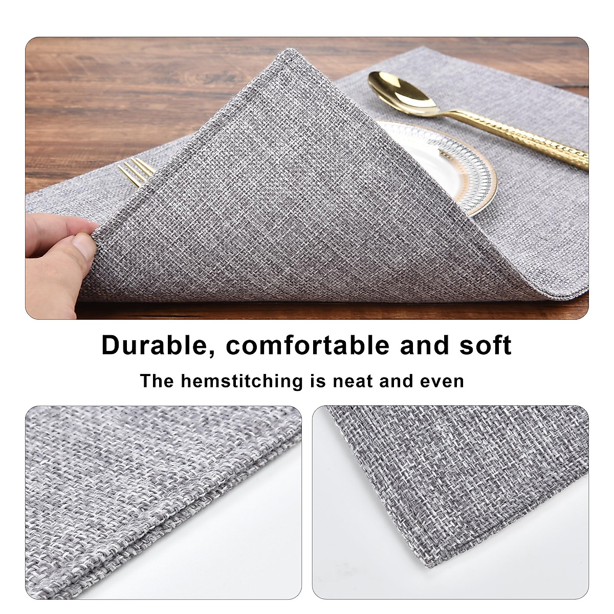 SLKQG Cloth Placemats Set of 6 - Double Thickened Easy to Clean Linen Style Fabric Placemats - Machine Washable Placemats- Heat Resistant Non-Slip Table Mats - 18x12 Inch (Smoke Gray, 6)