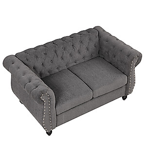 Bellemave Chesterfield Sofa Loveseat Mini Tufted Couch for Living Room Luxury Dutch Velvet Upholstered Small Sofa with Solid Wood Legs and Button Tufted Backrest for Apartment Office, 60" Grey