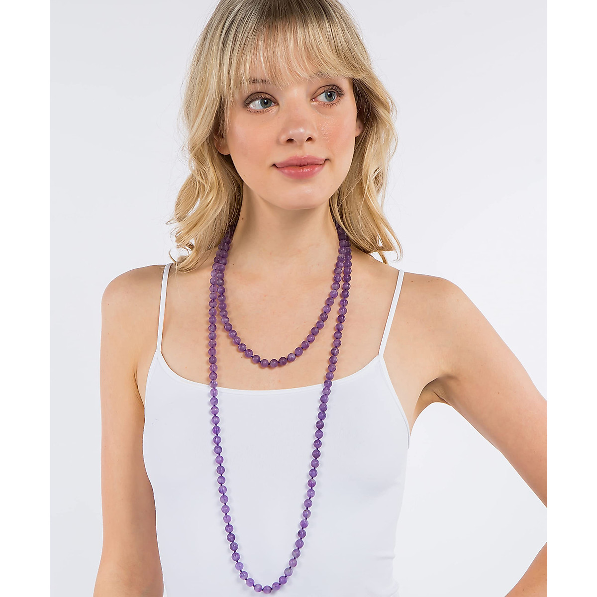 MGR MY GEMS ROCK! 60 Inch Polished Genuine Amethyst Stone Multi-layer Long Endless Infinity Beaded Necklace.