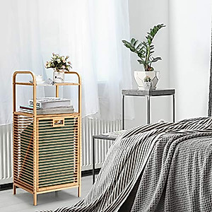 RELAX4LIFE Laundry Hamper Bamboo W/ Removable Liner, 2-Tier Shelves Tilt-out Design Space-Saving Laundry Hamper Basket for Bathroom, Living Room,Bedroom, Natural +Green